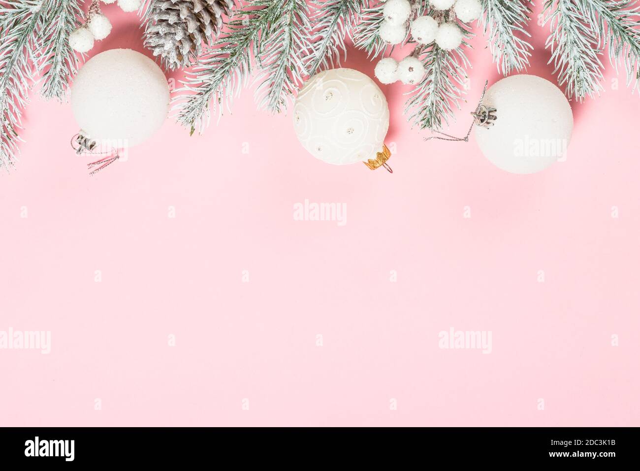 Christmas pink flat lay background with holiday decorations Stock Photo ...