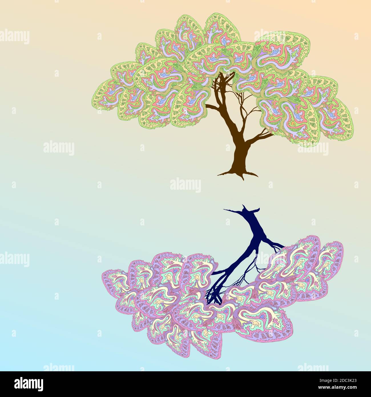 abstract different colour doodle tree with trensformed reflection Stock ...