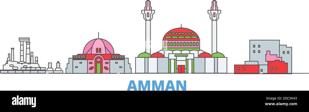 Jordan, Amman line cityscape, flat vector. Travel city landmark ...