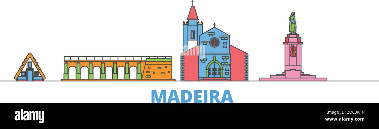 Portugal, Madeira line cityscape, flat vector. Travel city landmark ...