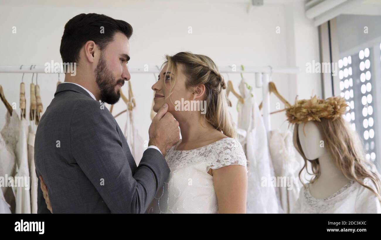 Happy bride and groom in wedding dress prepare for married in wedding ...