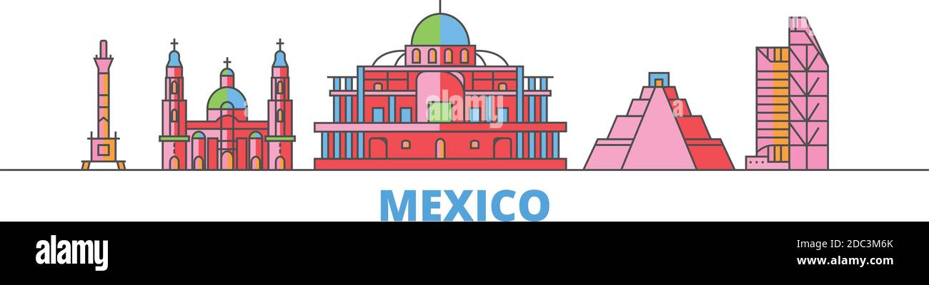 Mexico, Mexico City line cityscape, flat vector. Travel city landmark ...