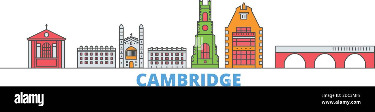 United Kingdom, Cambridge line cityscape, flat vector. Travel city ...