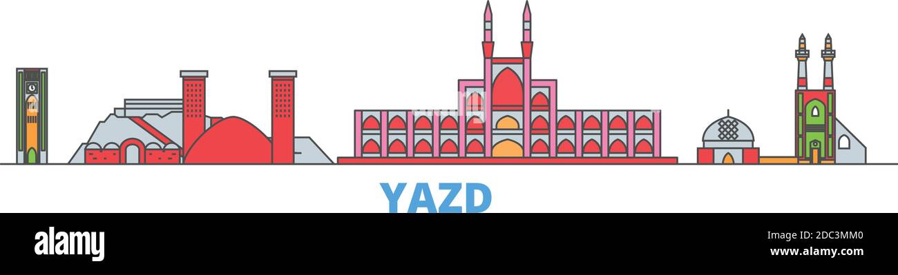Iran, Yazd line cityscape, flat vector. Travel city landmark, oultine ...