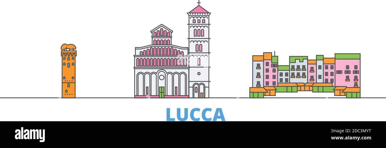 Italy, Lucca line cityscape, flat vector. Travel city landmark, oultine ...