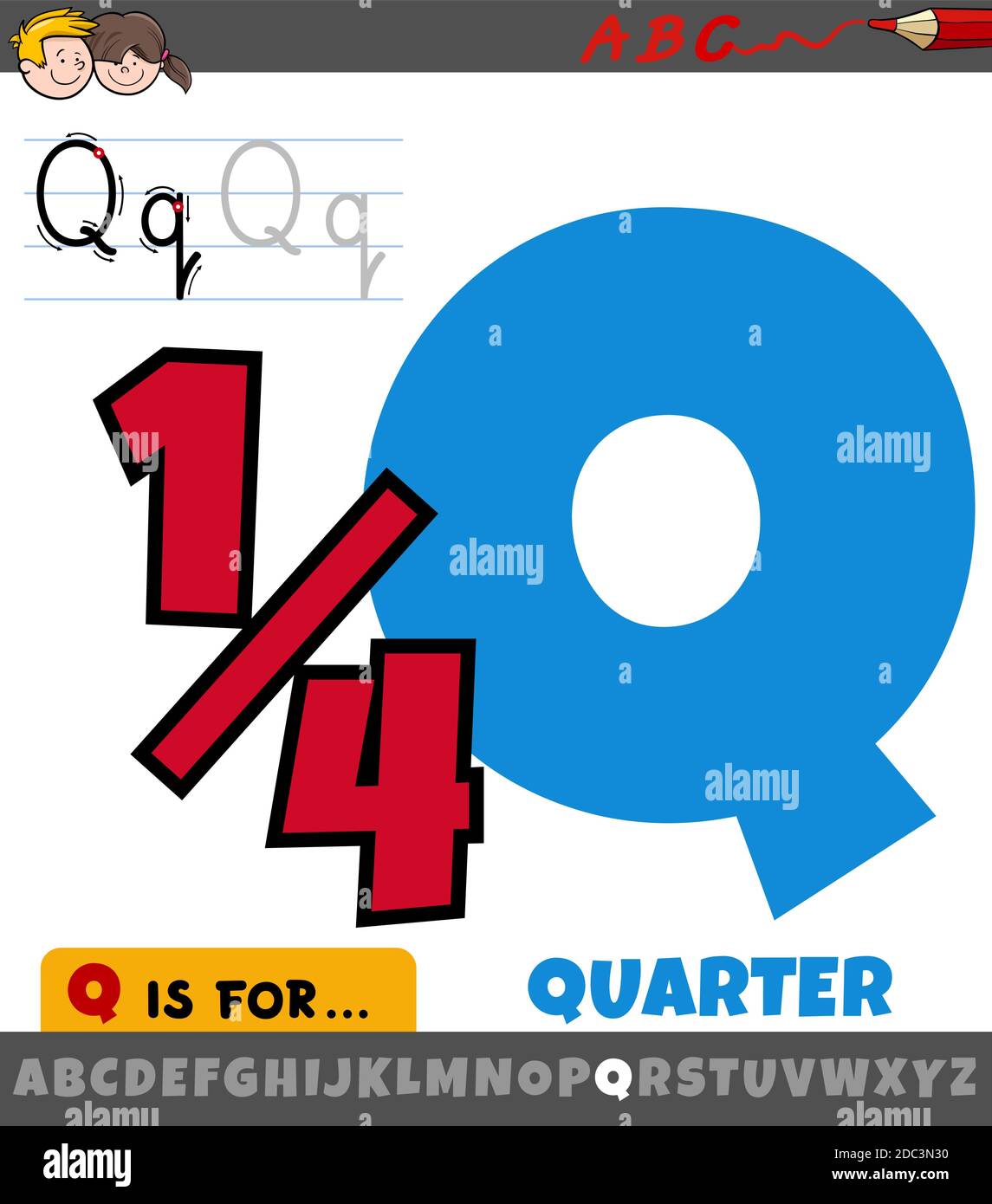 Educational cartoon illustration of letter Q from alphabet with quarter ...