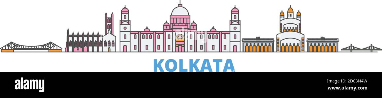 India, Kolkata line cityscape, flat vector. Travel city landmark ...