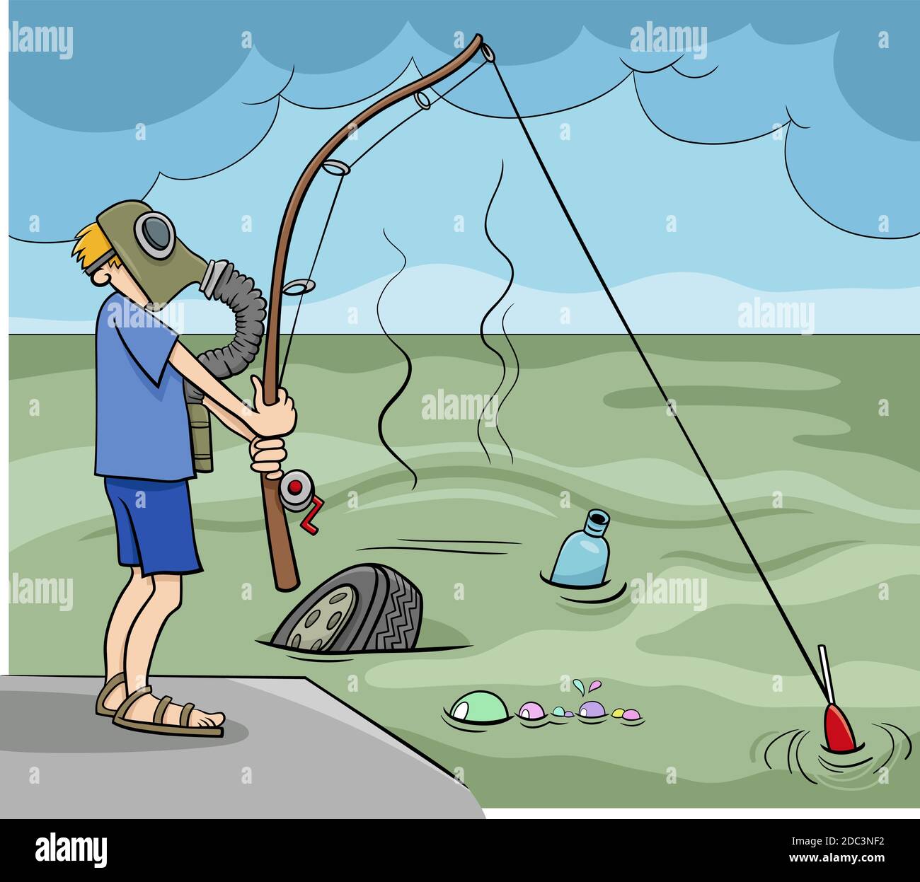 Cartoon illustration of not very smart guy fishing in the sewage Stock ...