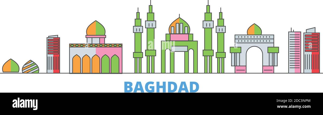 Iraq, Baghdad line cityscape, flat vector. Travel city landmark ...