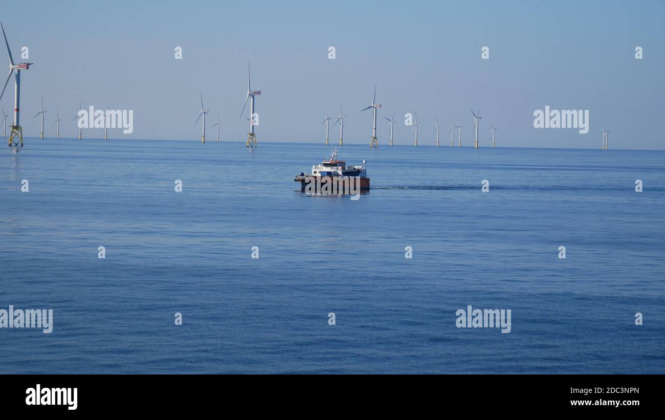 Crew transfer vessel in offshore wind farm in German north sea Stock ...