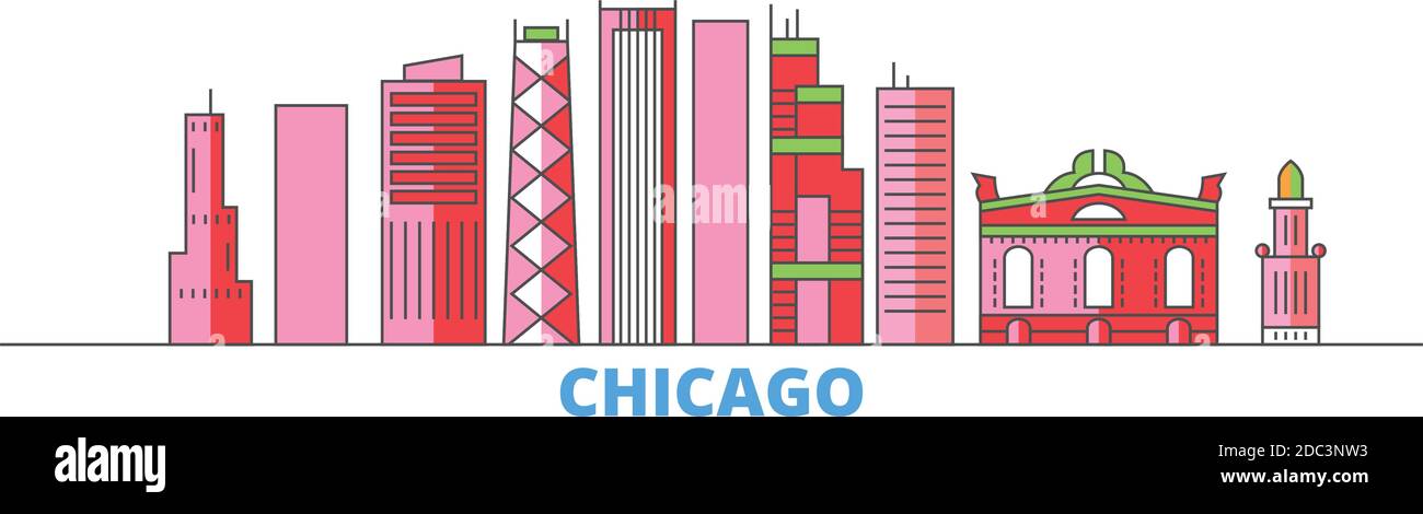 United States, Chicago City line cityscape, flat vector. Travel city ...