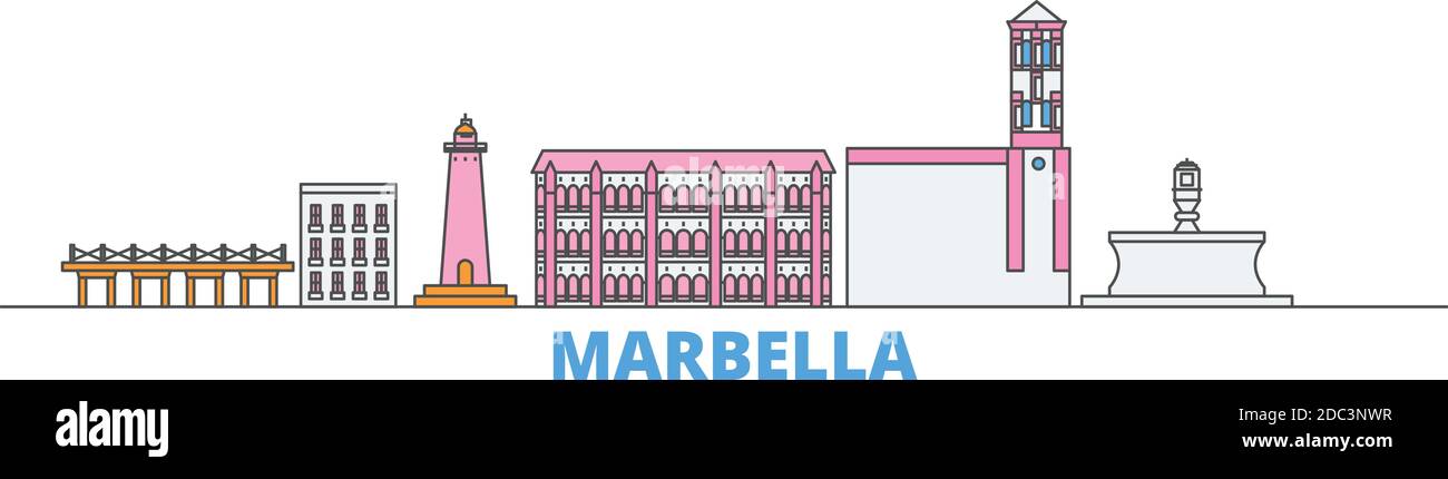 Spain, Marbella line cityscape, flat vector. Travel city landmark ...