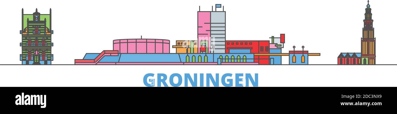 Netherlands, Groningen line cityscape, flat vector. Travel city ...