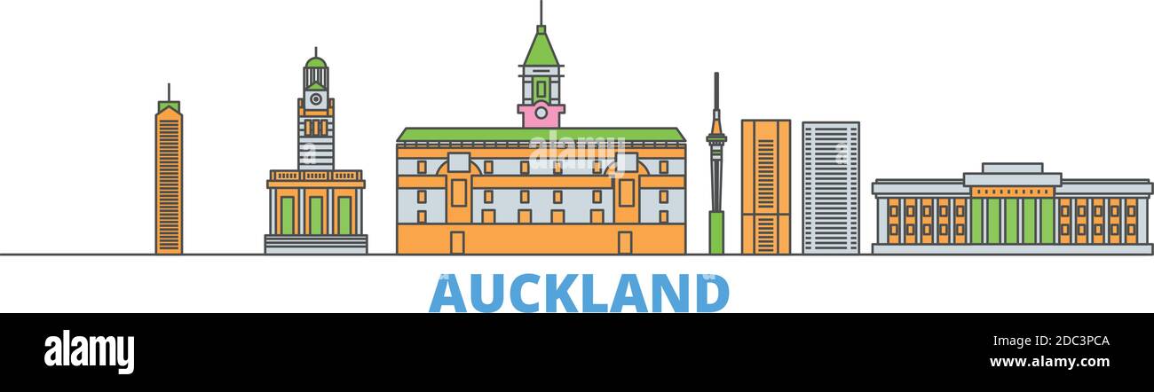 New Zealand, Auckland line cityscape, flat vector. Travel city landmark ...