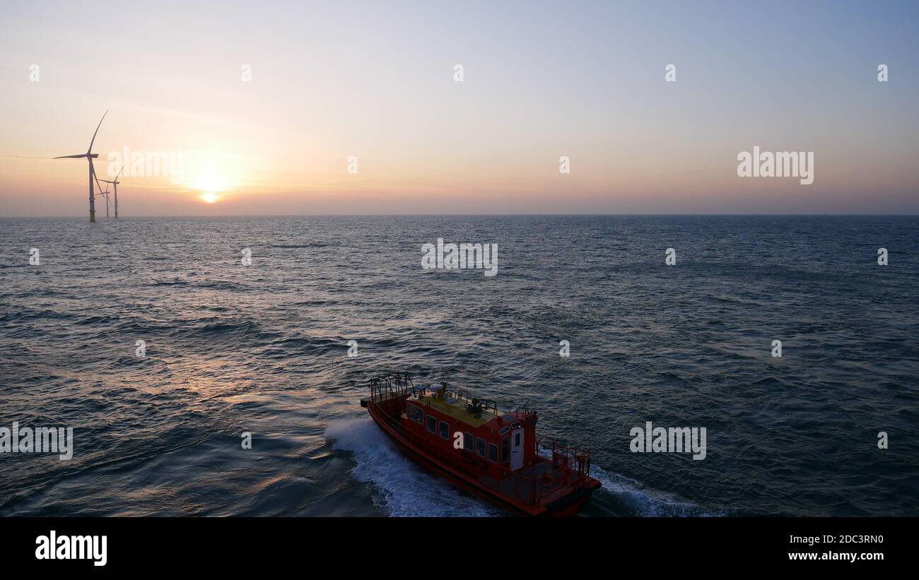 Safe transfer vessel in German north sea offshore wind farm Stock Photo ...