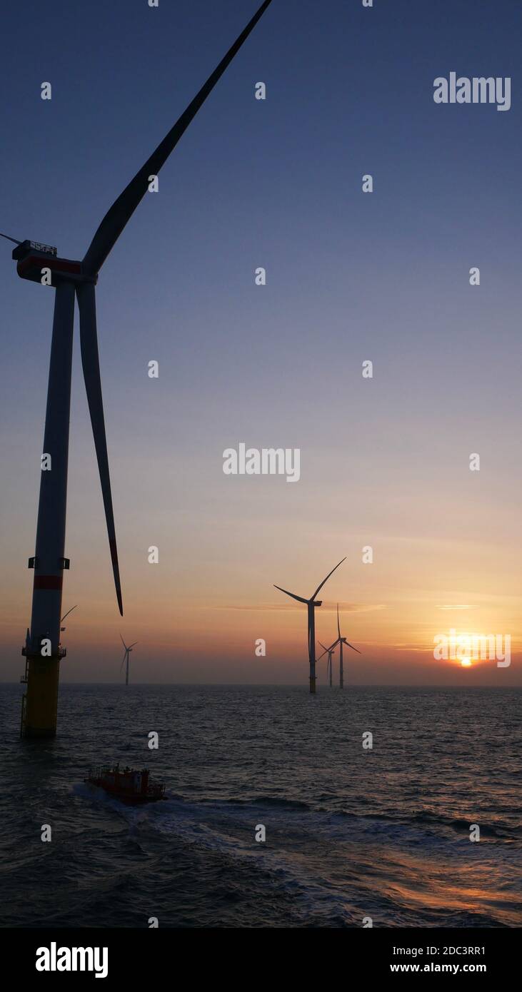 Crew transfer vessel performing PAX transfer in German north sea ...