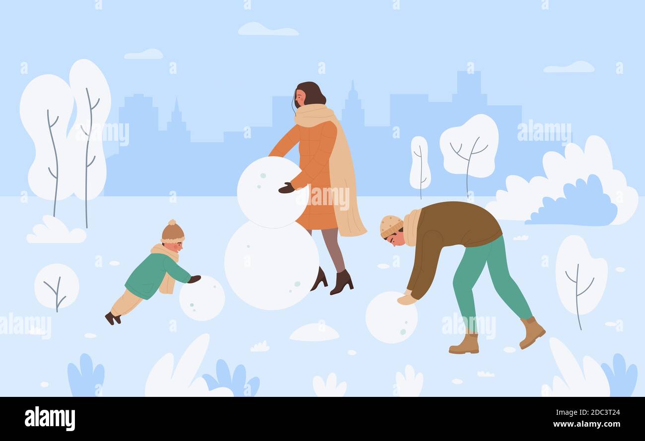 Family people making snowman in winter snow park landscape vector ...