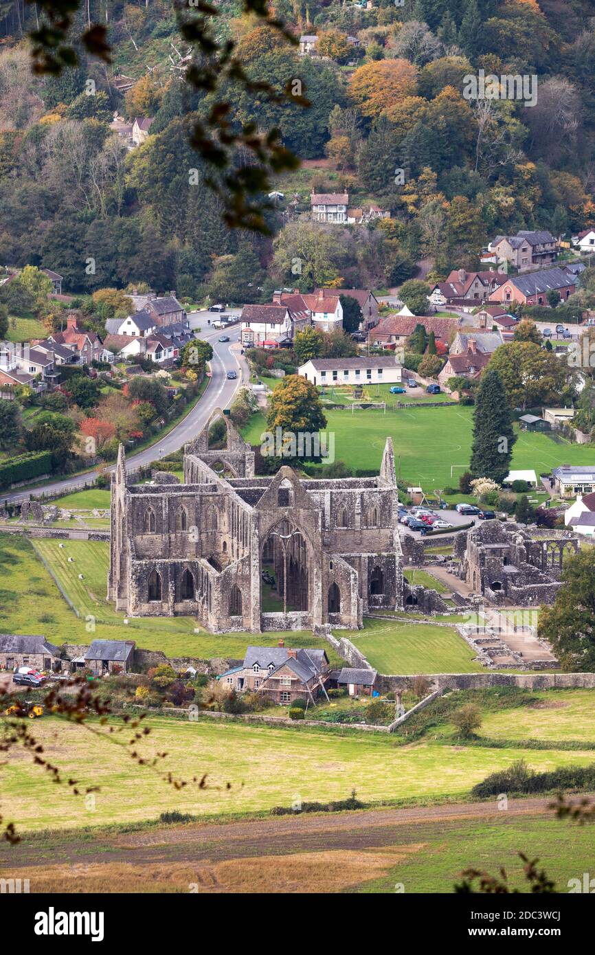 Looking down on Tintern Abbey in the Wye Valley from the Devil's Pulpit ...