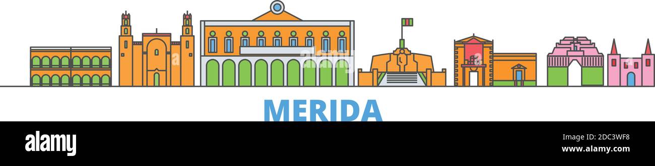 Mexico, Merida line cityscape, flat vector. Travel city landmark ...