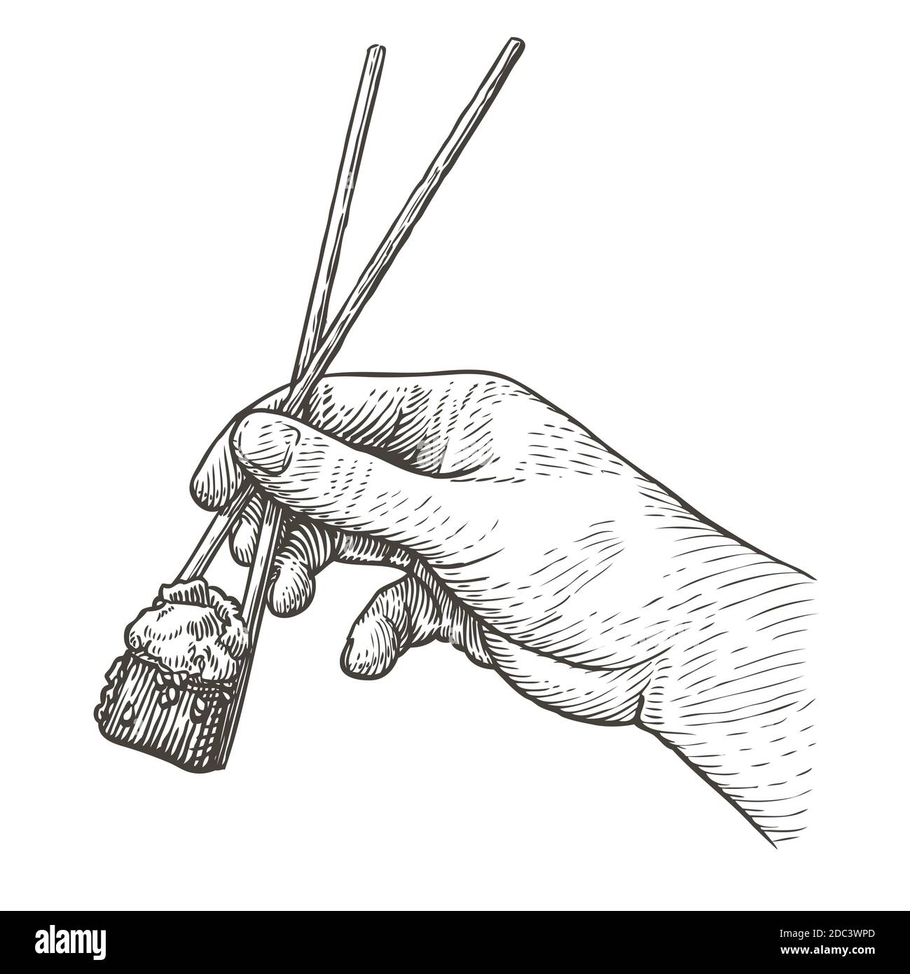Hand holding sushi roll with chopsticks. Japanese food sketch vector Stock Vector Image & Art ...