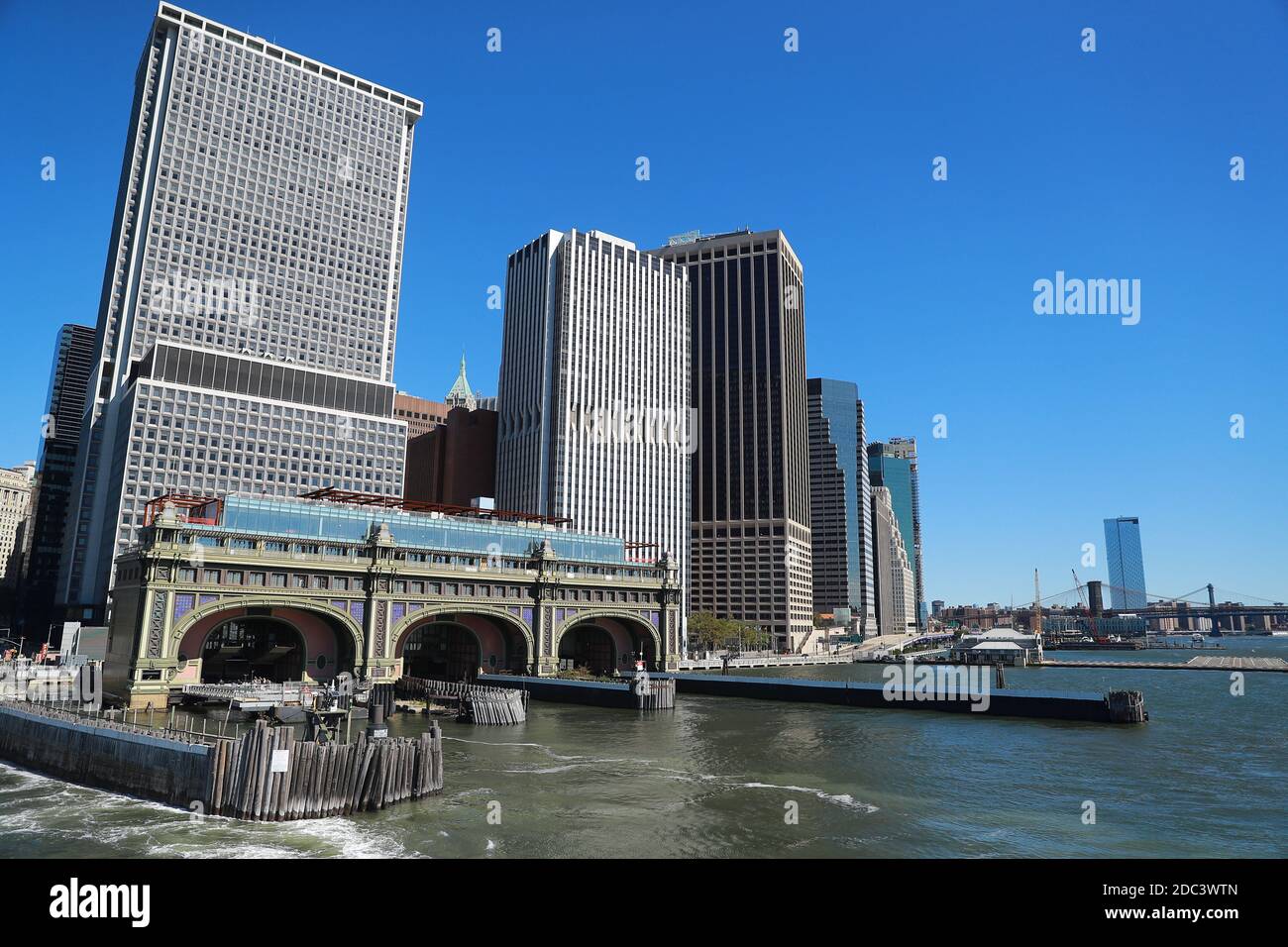 A view of the Staten Island Ferry Terminal and lower Manhattan is seen ...