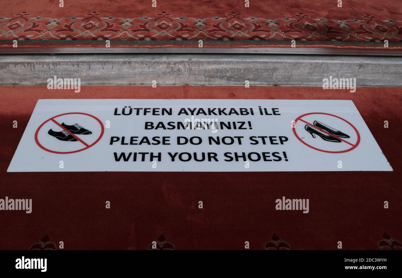 Warning sign at the entrance to a mosque Istanbul Turkey Stock Photo ...