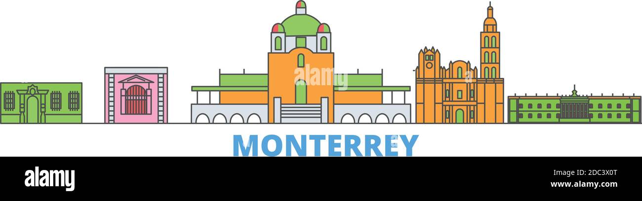 Mexico, Monterrey line cityscape, flat vector. Travel city landmark ...
