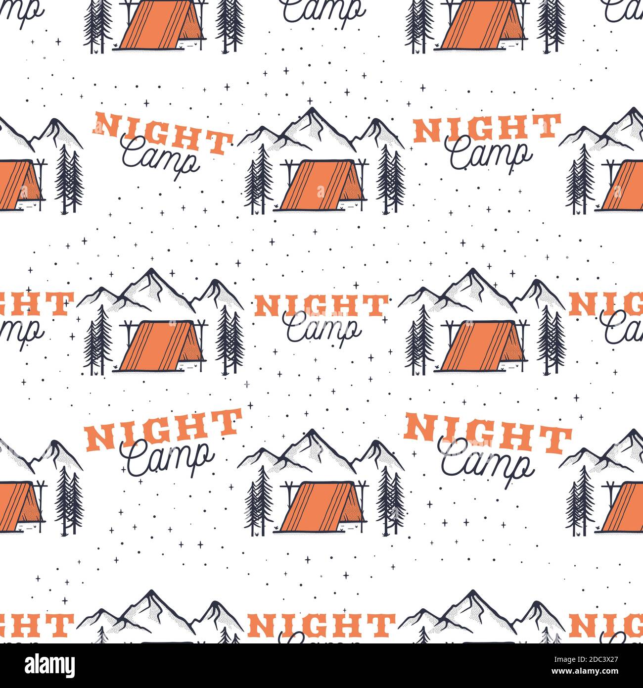 Camp night pattern. Adventure seamless background. Nature hiking scene ...