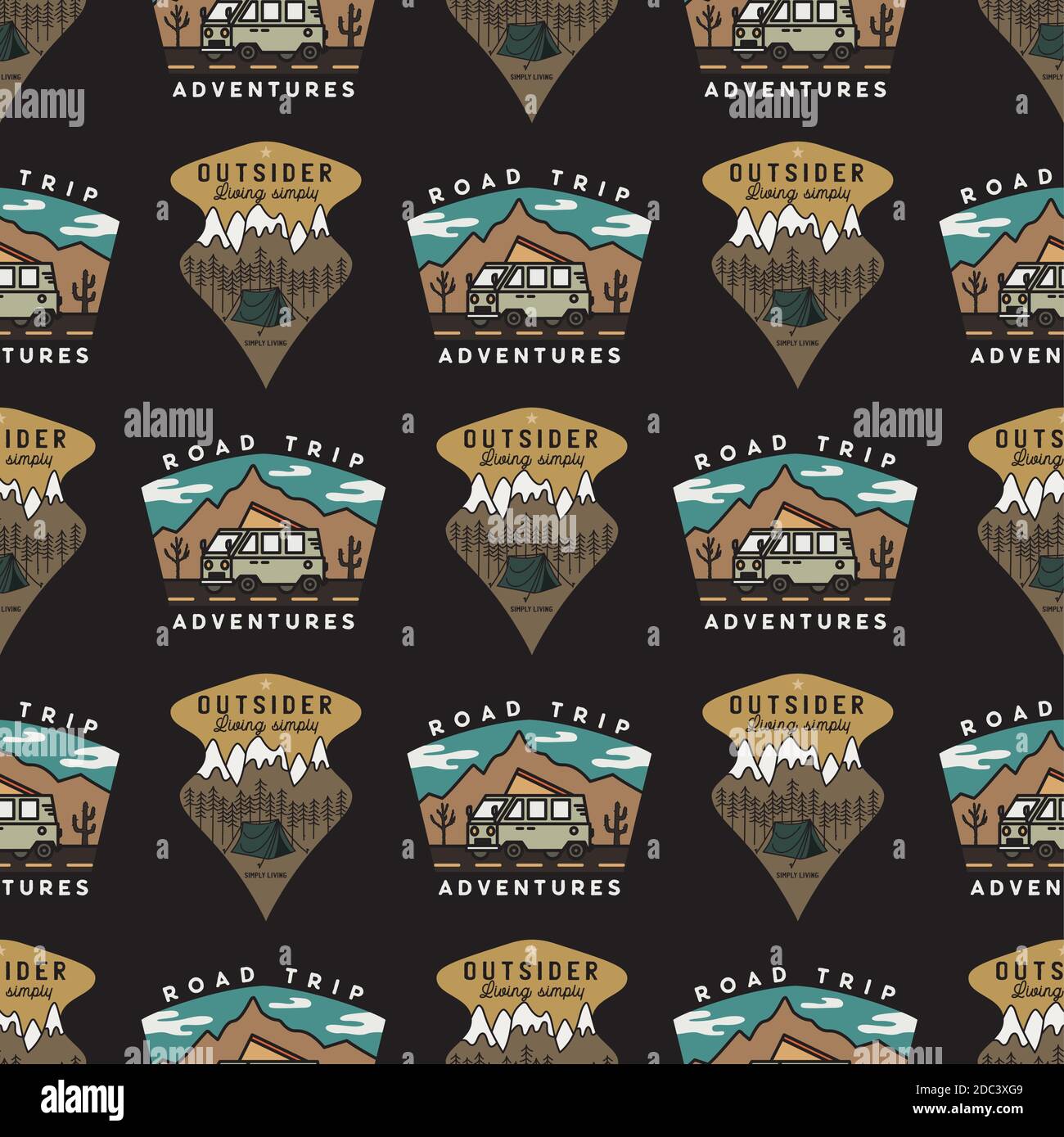 Road trip badges pattern. Camping Adventure seamless background with ...