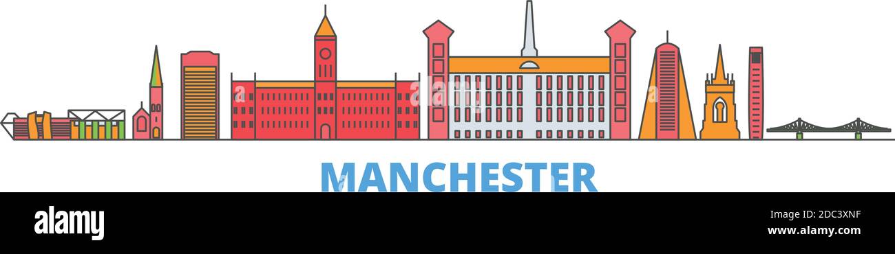 United Kingdom, Manchester line cityscape, flat vector. Travel city ...