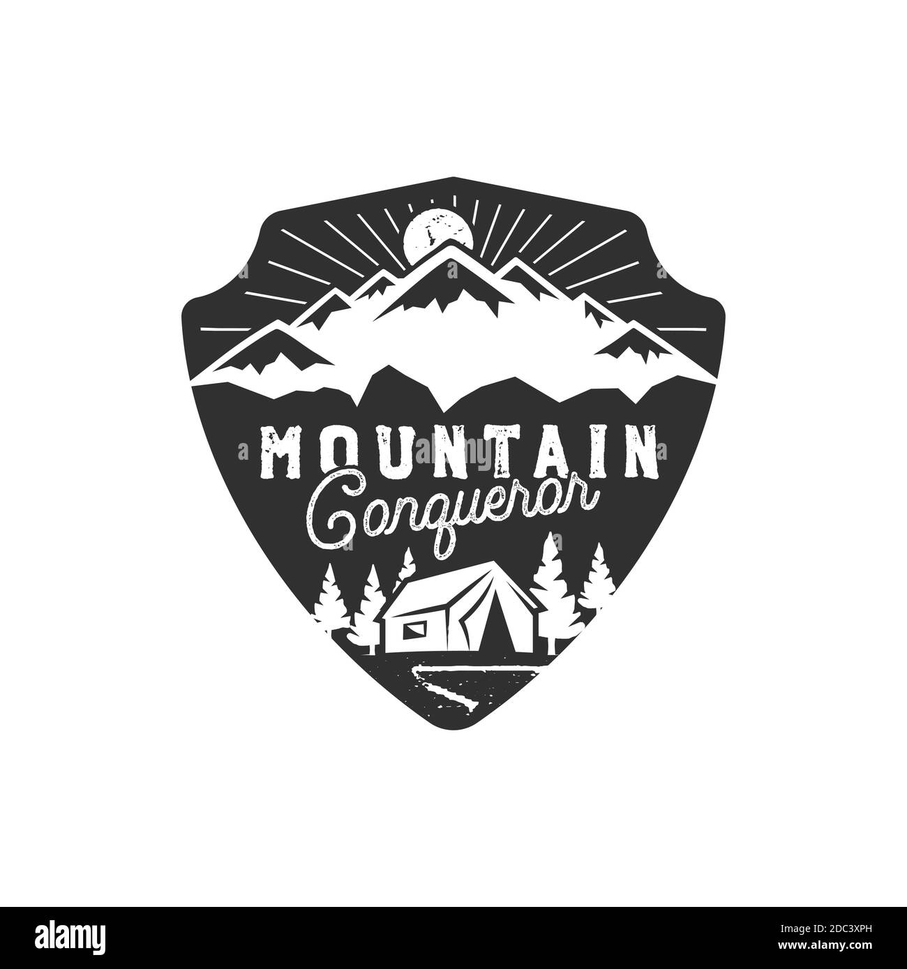 Traveling, outdoor badge. Mountain conqueror emblem. Vintage hand drawn ...