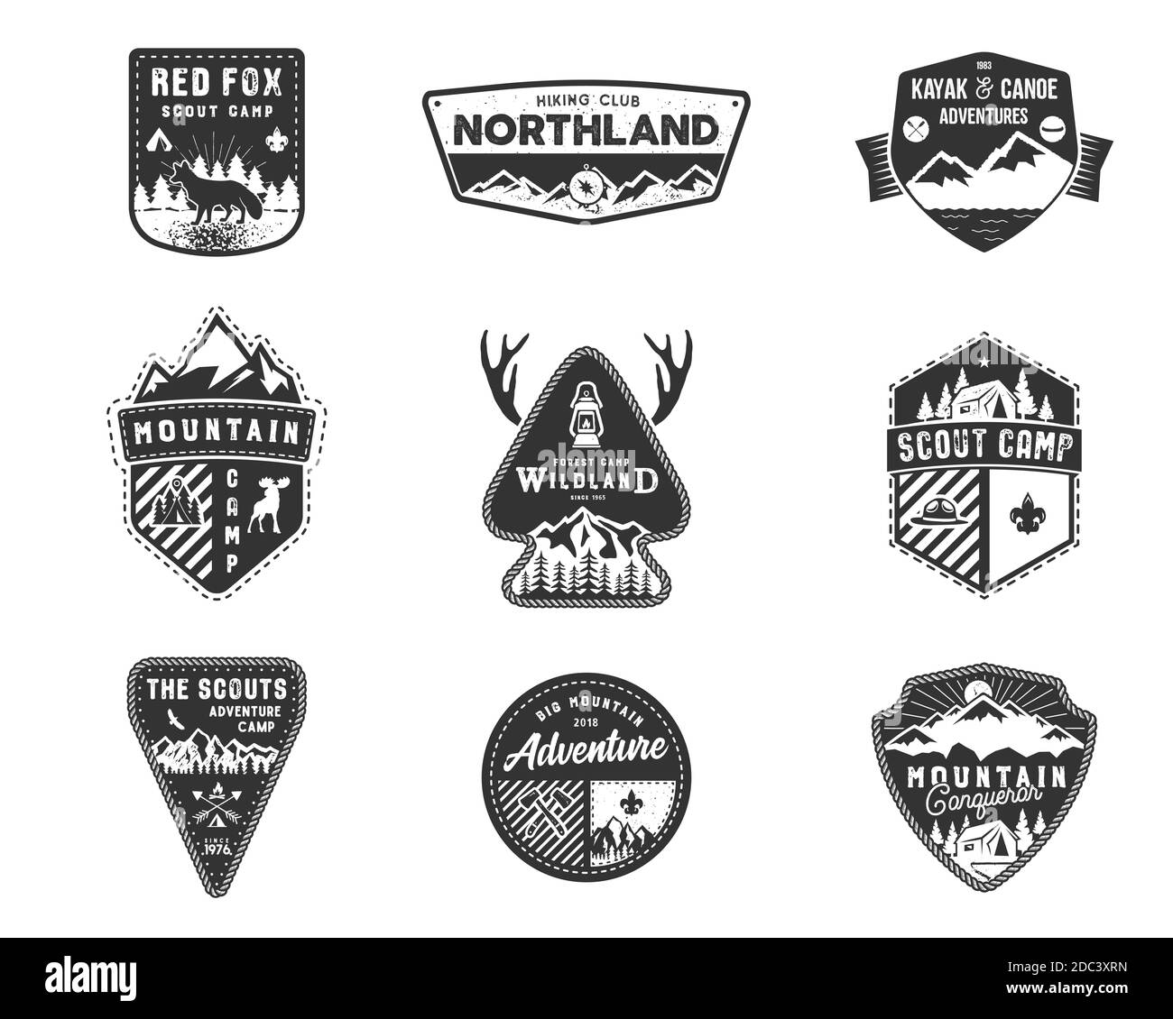 Traveling, outdoor badge collection. Scout camp emblem set. Vintage ...