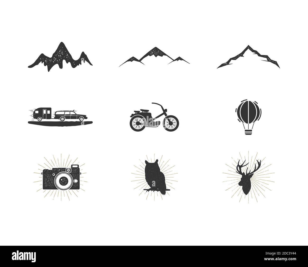 Outdoor adventure silhouette icons set. Surfing and camping shapes ...