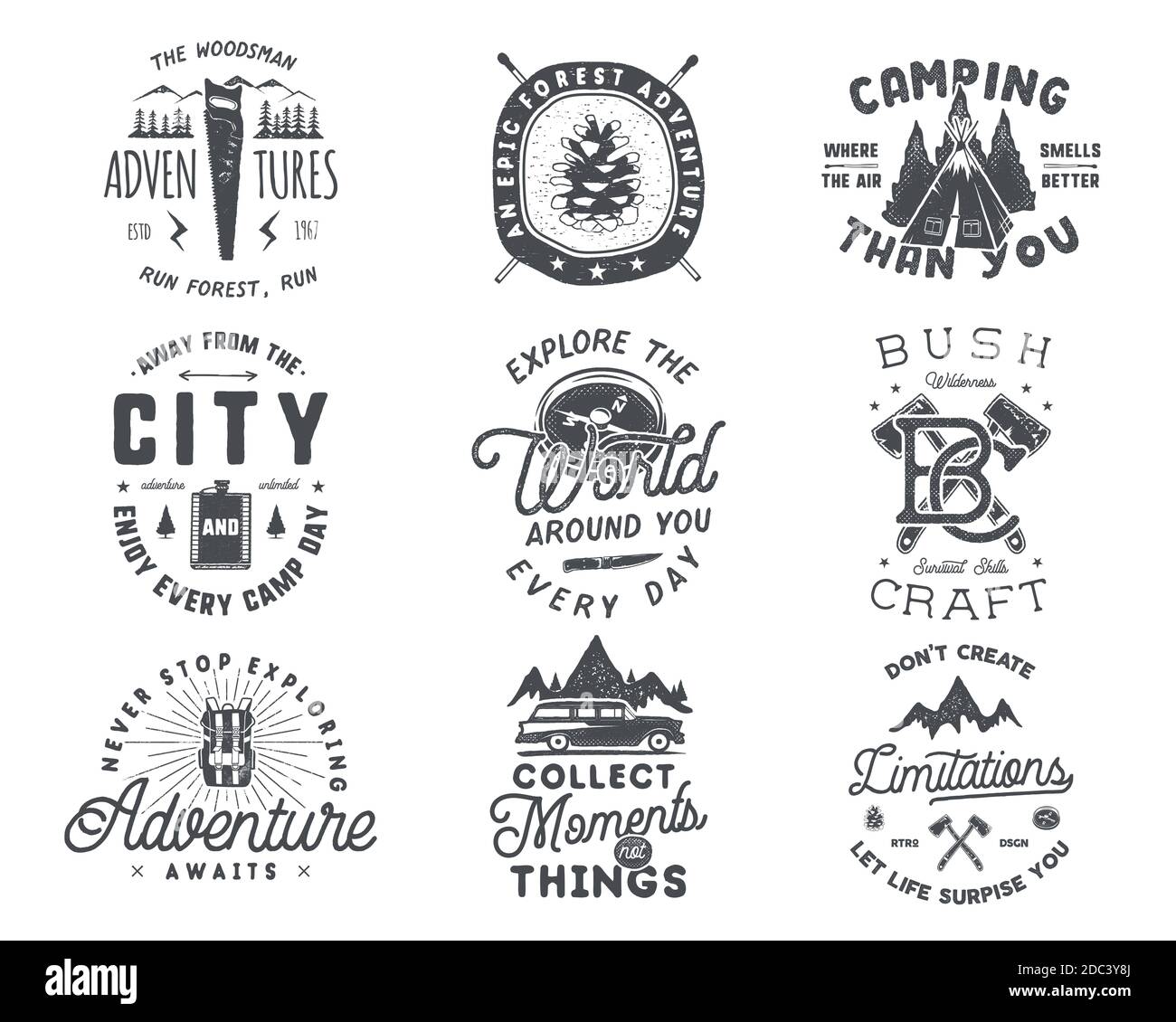 Vintage hand drawn travel badge and emblem set. Hiking labels. Outdoor ...