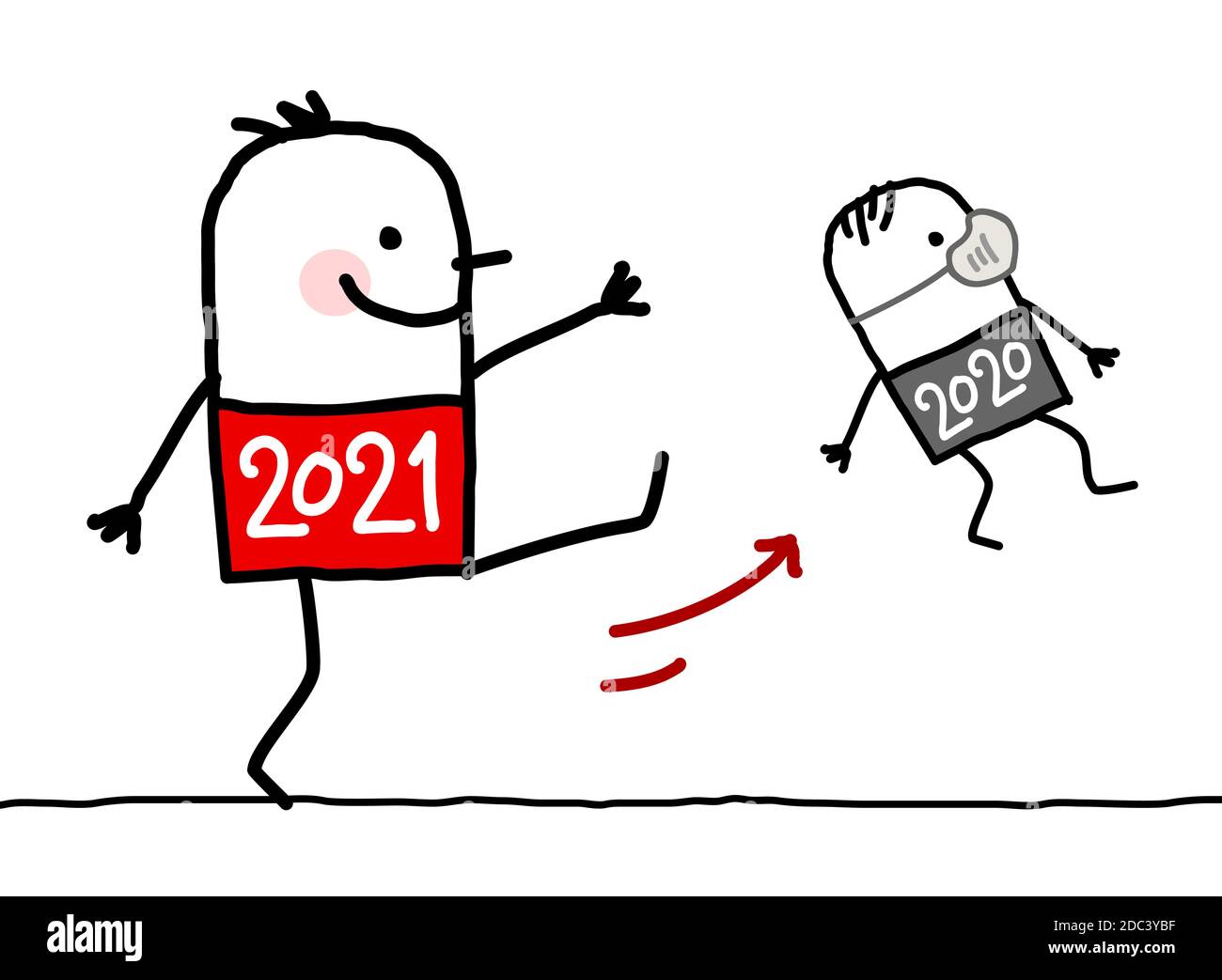 Hand drawn Cartoon Big 2021 Man Kicking Out a Small 2020 with Mask ...