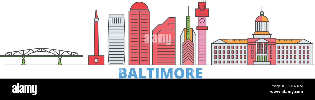 United States, Baltimore line cityscape, flat vector. Travel city ...