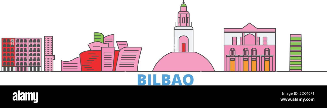 Spain, Bilbao line cityscape, flat vector. Travel city landmark ...