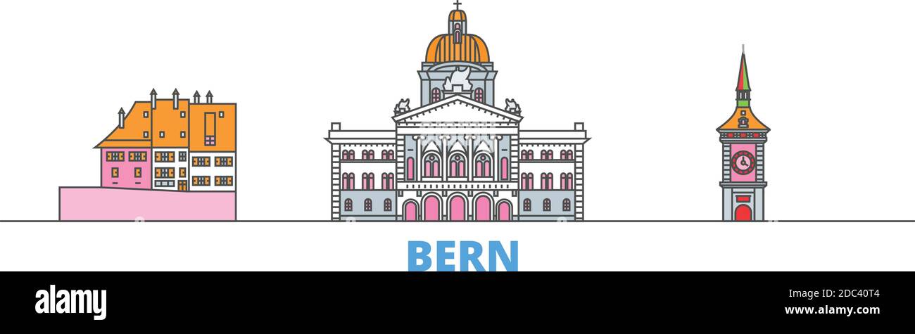 Switzerland, Bern line cityscape, flat vector. Travel city landmark ...