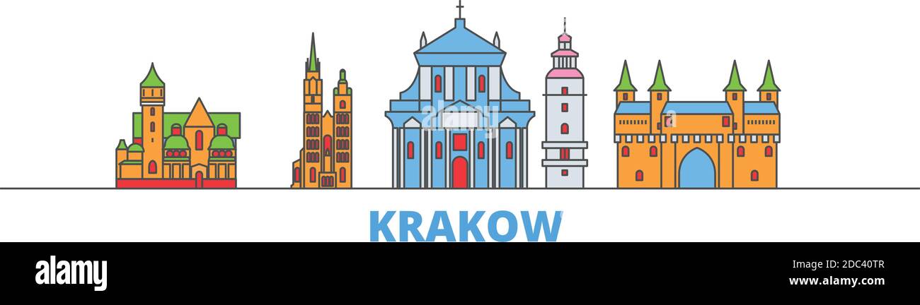 Poland, Krakow line cityscape, flat vector. Travel city landmark ...