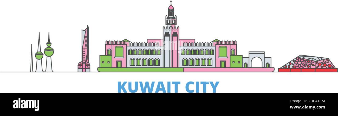 Kuwait, Kuwait City line cityscape, flat vector. Travel city landmark ...