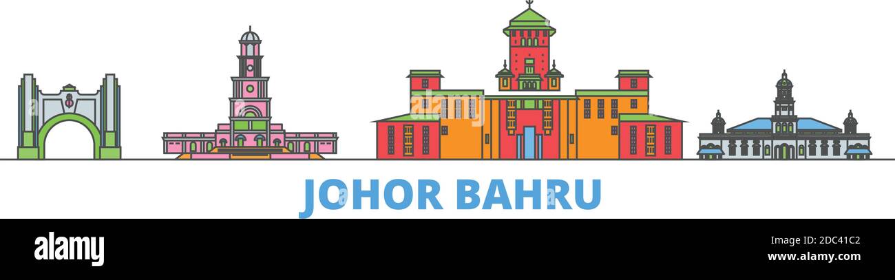 Malaysia, Johor Bahru line cityscape, flat vector. Travel city landmark ...