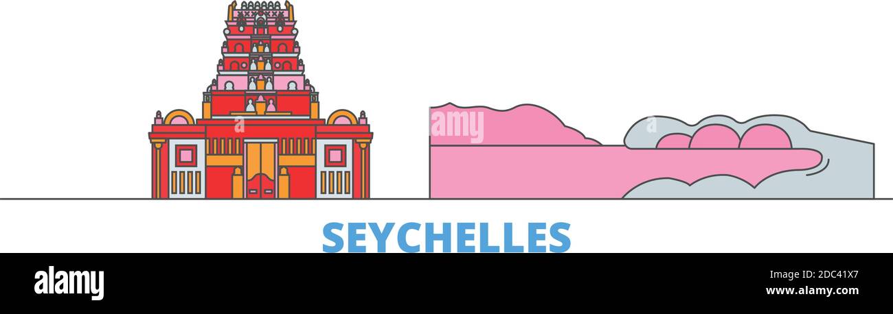 Seychelles line cityscape, flat vector. Travel city landmark, oultine ...