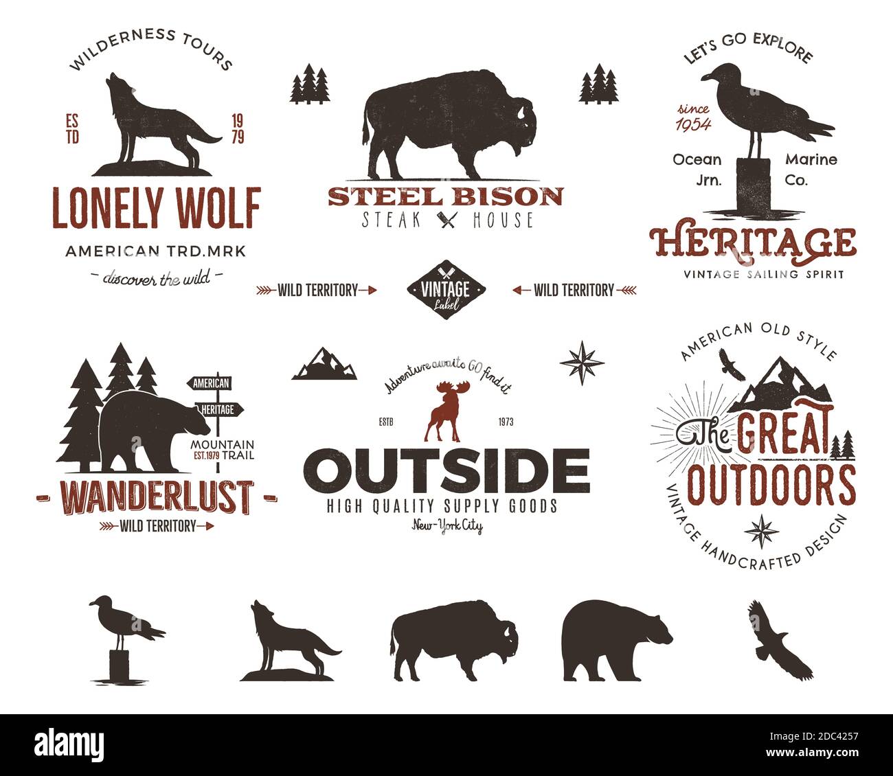 Wild animal badges set and outdoors activity insignias. Retro ...