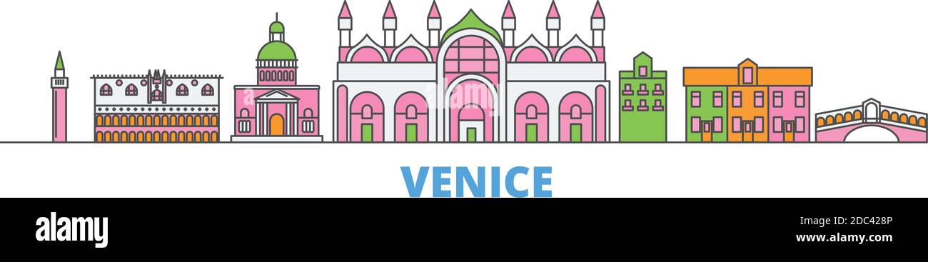 Italy, Venice line cityscape, flat vector. Travel city landmark ...