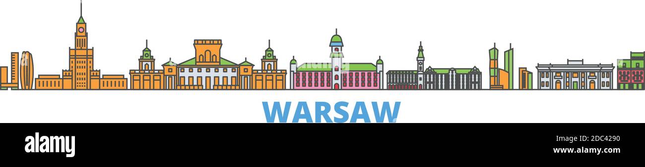 Poland, Warsaw line cityscape, flat vector. Travel city landmark ...