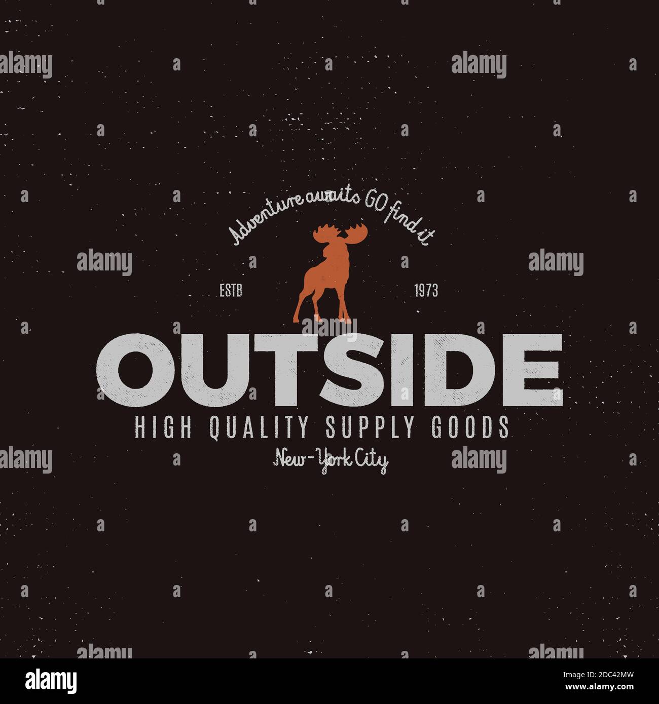 Vintage adventure label. Retro illustration of with moose. Typography ...