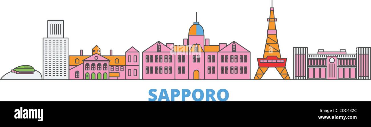 Japan, Sapporo line cityscape, flat vector. Travel city landmark ...