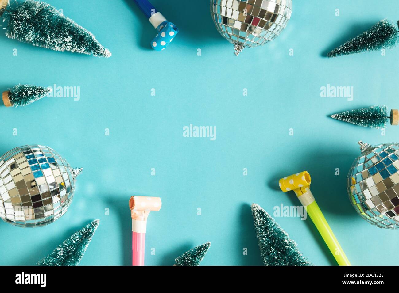 Christmas minimal festive background with disco ball, toy tree, air ...