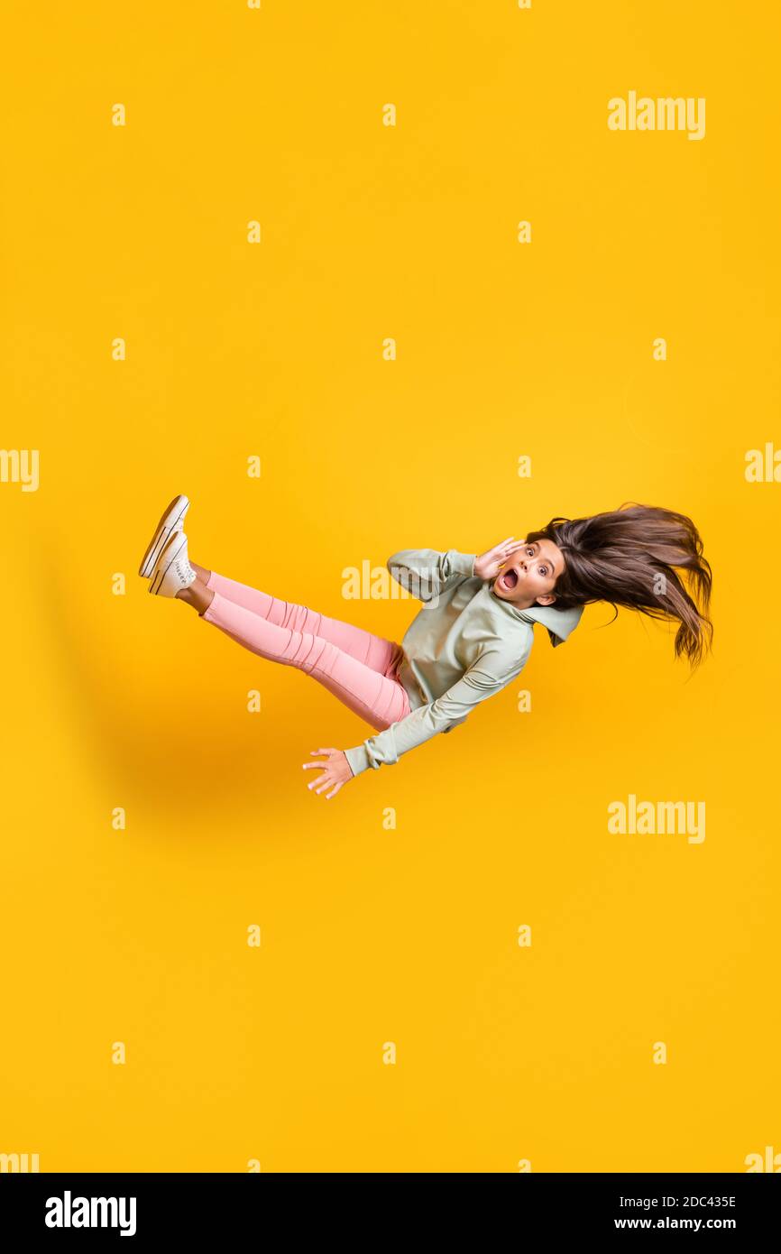Full body vertical photo of beautiful kid fall fear arm cheek open ...