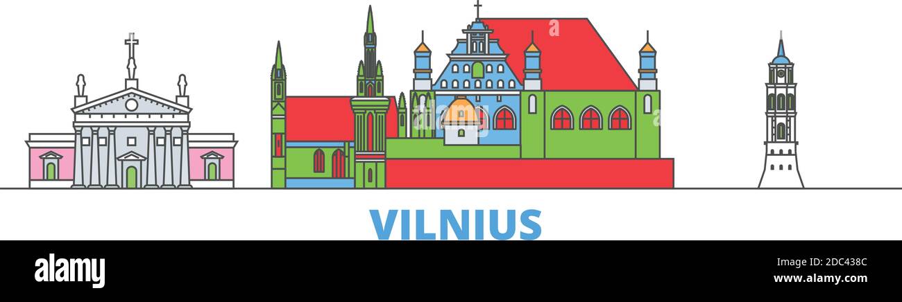 Lithuania, Vilnius line cityscape, flat vector. Travel city landmark ...